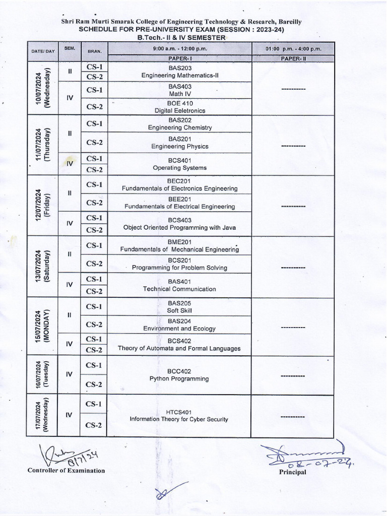 Schedule for Pre-university Exam | PDF