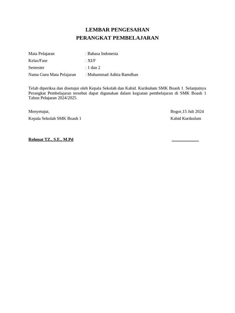 Template Lembar Pengesahan Perangkat Pembelajaran | PDF