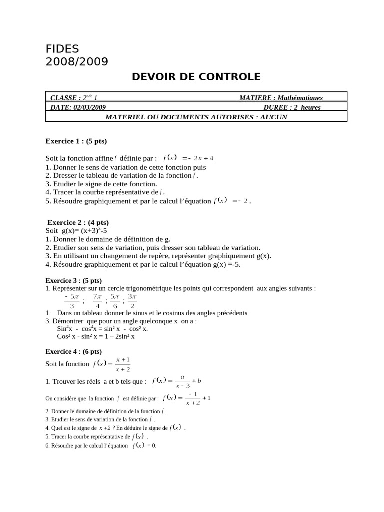 Controle Math 2nd1 Mars | PDF