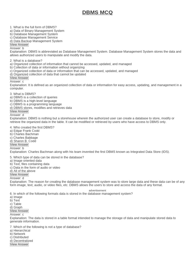 DBMS MCQ | PDF