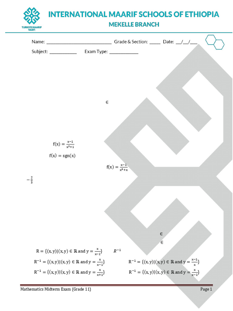 Grade 11 Mathematics Mid-Exam (G11) | PDF | Mathematics | Teaching ...