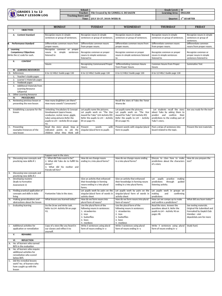 DLL - English 3 - Q1 - W8 | PDF | Plural | Human Communication