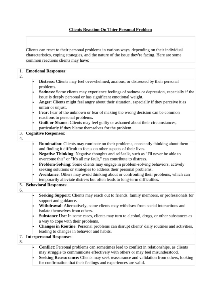 Clients Reaction On Thier Personal Problem2 | PDF | Psychological ...