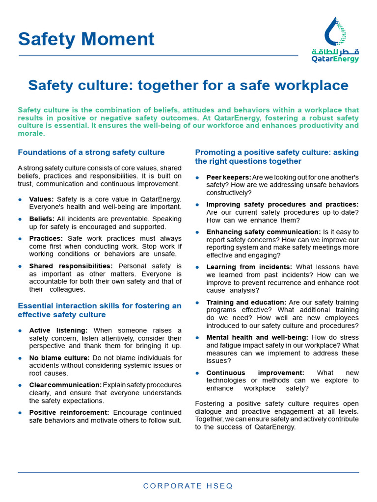 Safety Moment - Guidelines - Safety Culture - 2024 | PDF