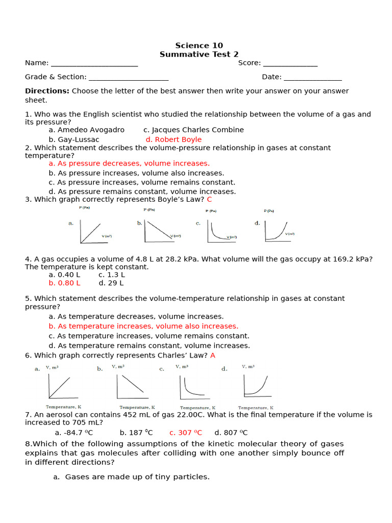 Summative 2 Science 10 | PDF | Gases | Science & Mathematics