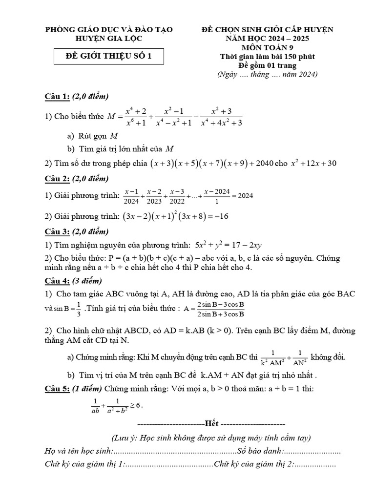 De Gioi Thieu Thi HSG Toan 9 Nam 2024 2025 Phong GDDT Gia Loc Hai Duong | PDF