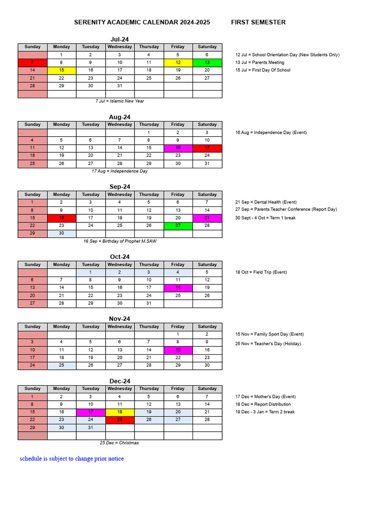 Student Academic Calendar 2024-2025 - 1st Semester | PDF