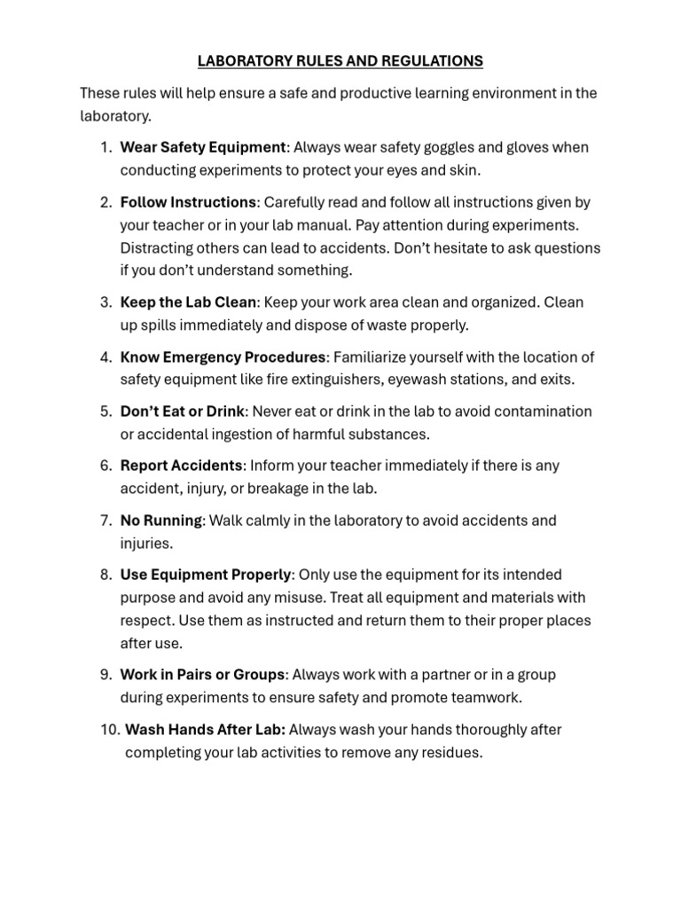 LABORATORY RULES AND REGULATIONS | PDF