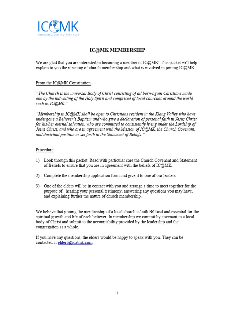 IC@MK Membership Application Guide | PDF | Grace In Christianity | Baptism