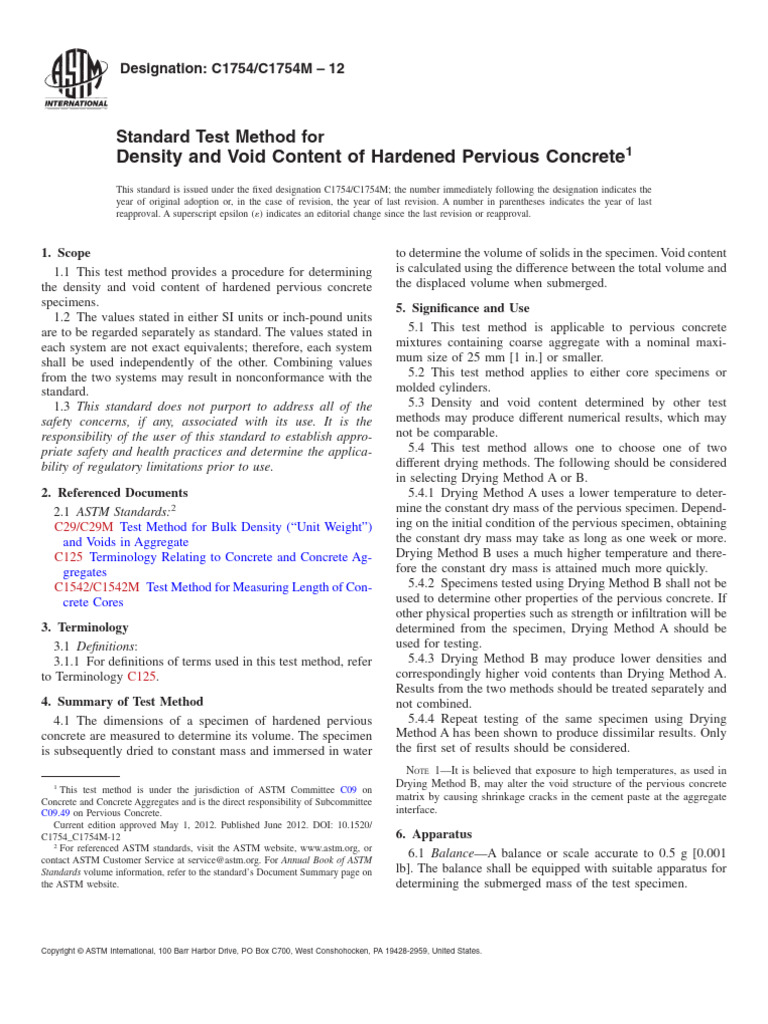 Density and Void Content of Hardened Pervious Concrete: Standard Test ...