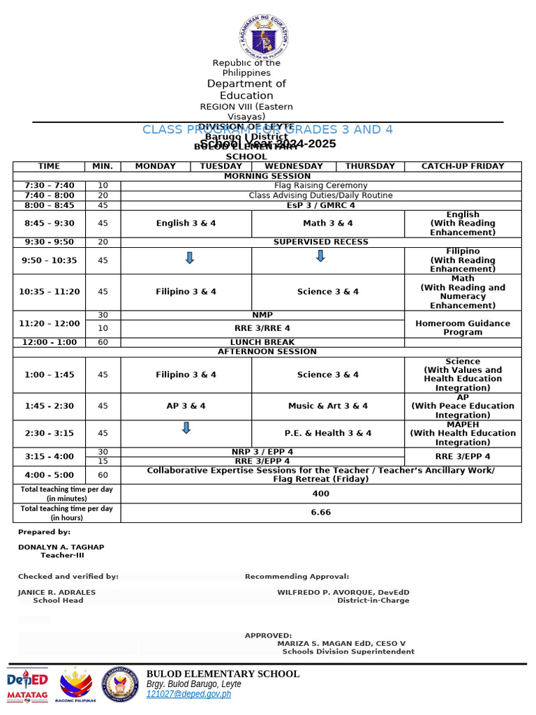 Sample MG Class Program Gr. 34 Sy 2024 25 Donalyn | PDF