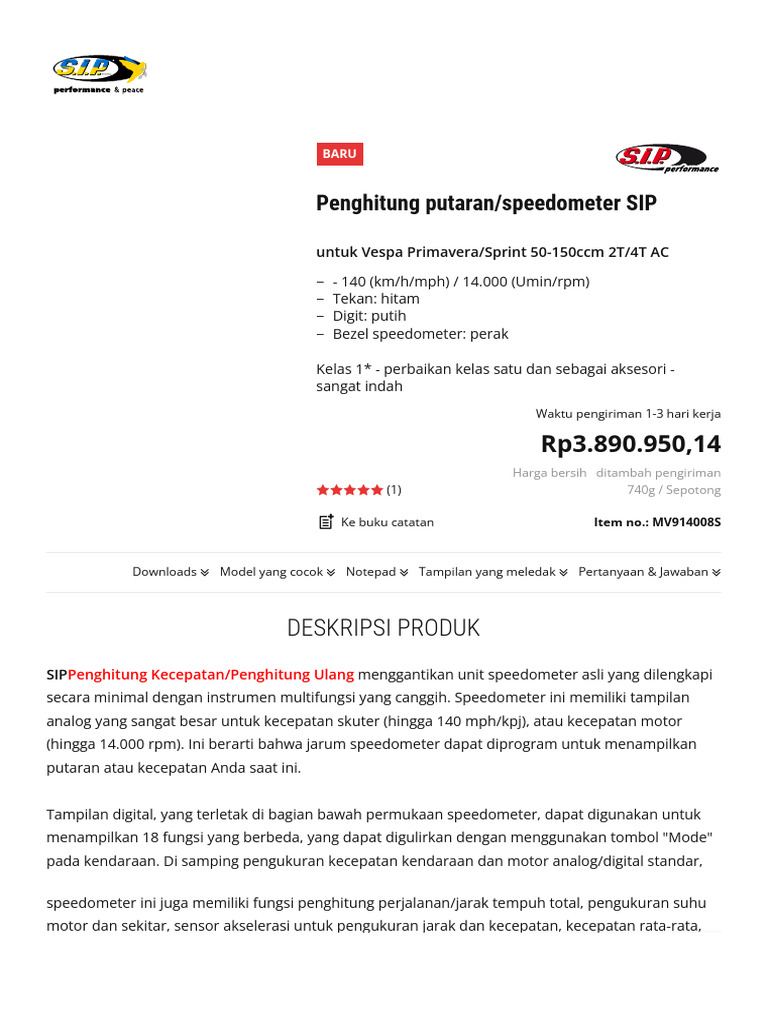 Penghitung Putaran-Speedometer SIP - 140 (KM-H-MPH) - 14.000 (Umin-Rpm) Tekan - H | PDF