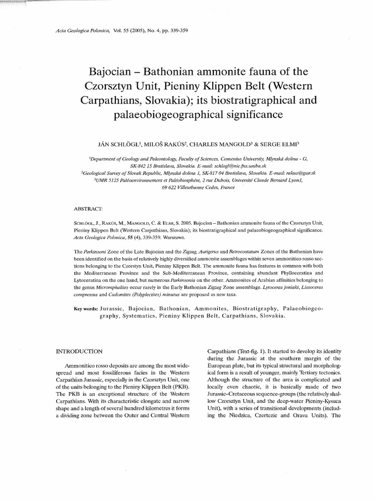Schlogl Et Al 2005 Bajocian - Bathonian Ammonite Fauna of The Czorstyn ...