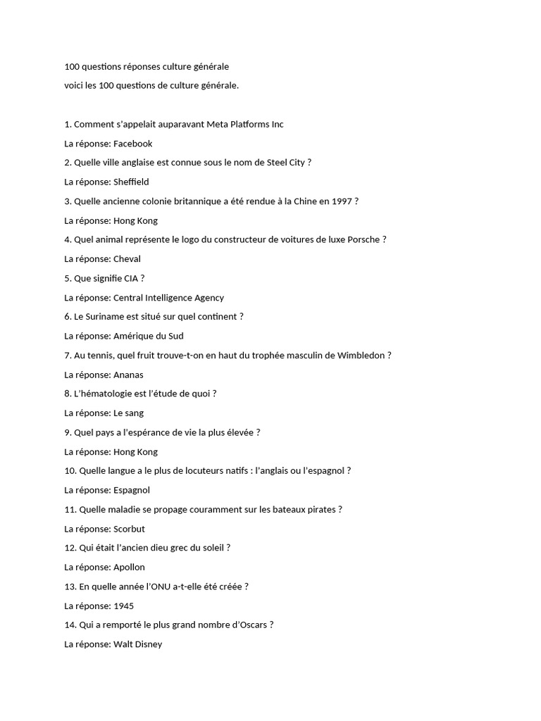 100 Questions Réponses Culture Générale | PDF