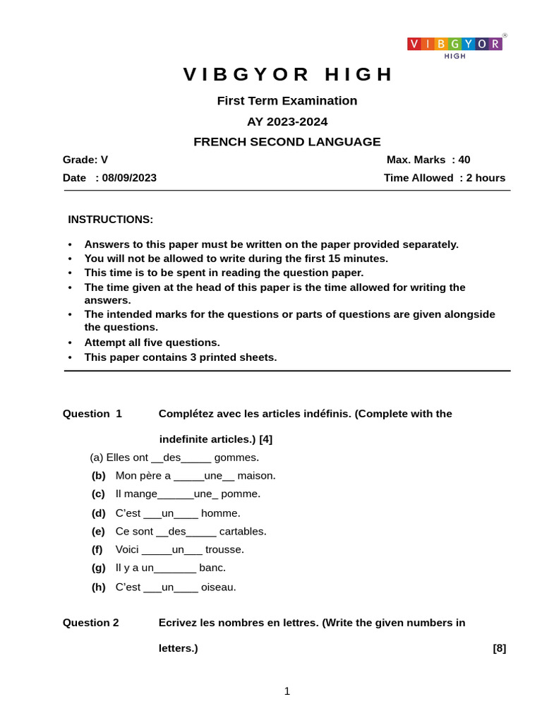 VH gr5 French 2nd Language t1 Sample QP | PDF