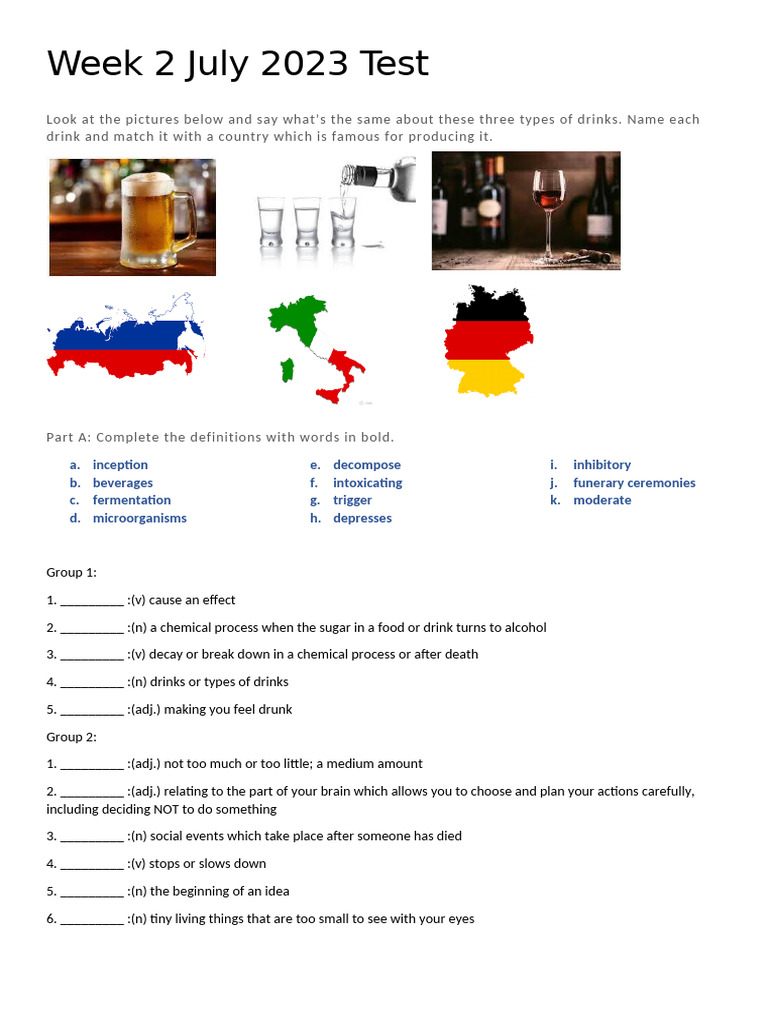 Week 2 July 2023 Test - Alcohol, Memory Tricks, Halloween | PDF