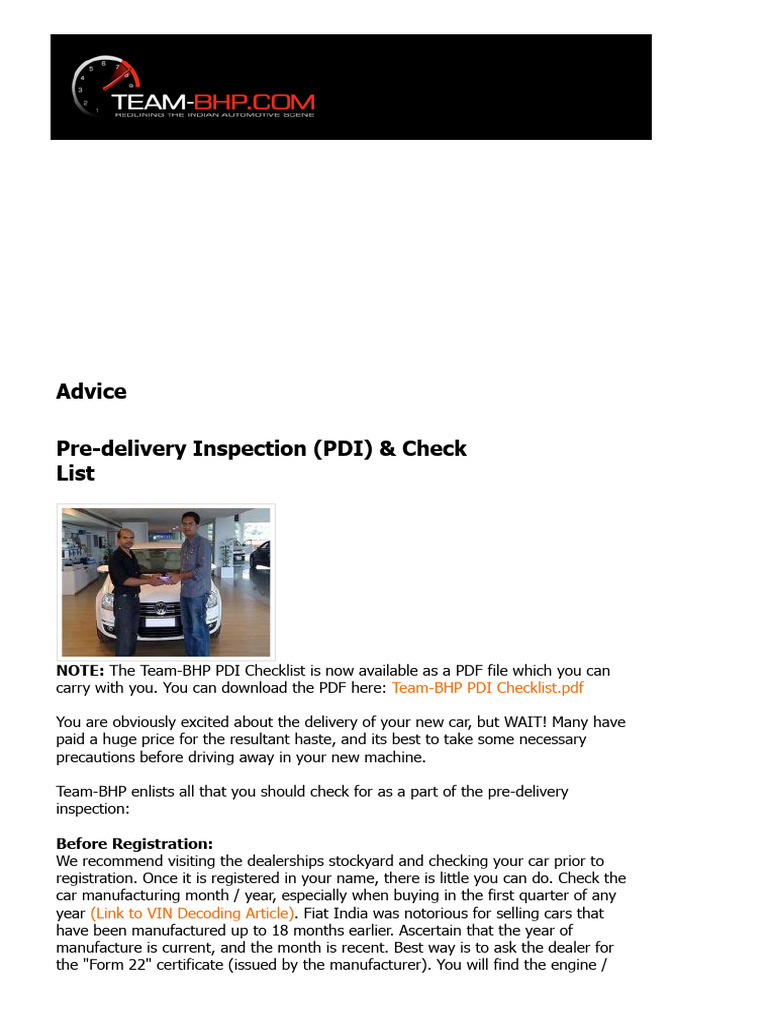 Pre-Delivery Inspection (PDI) Checklist - Team-BHP | PDF