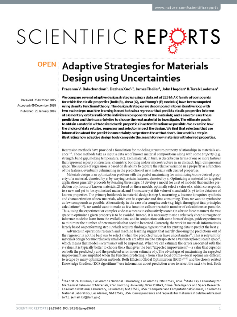 Adaptive Strategies For Materials Design Using Uncertainties | PDF | Errors And Residuals ...