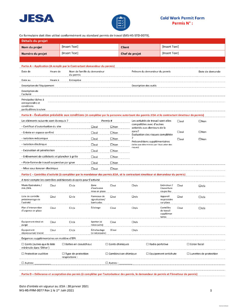 Cold Work Permit Form-1 | PDF