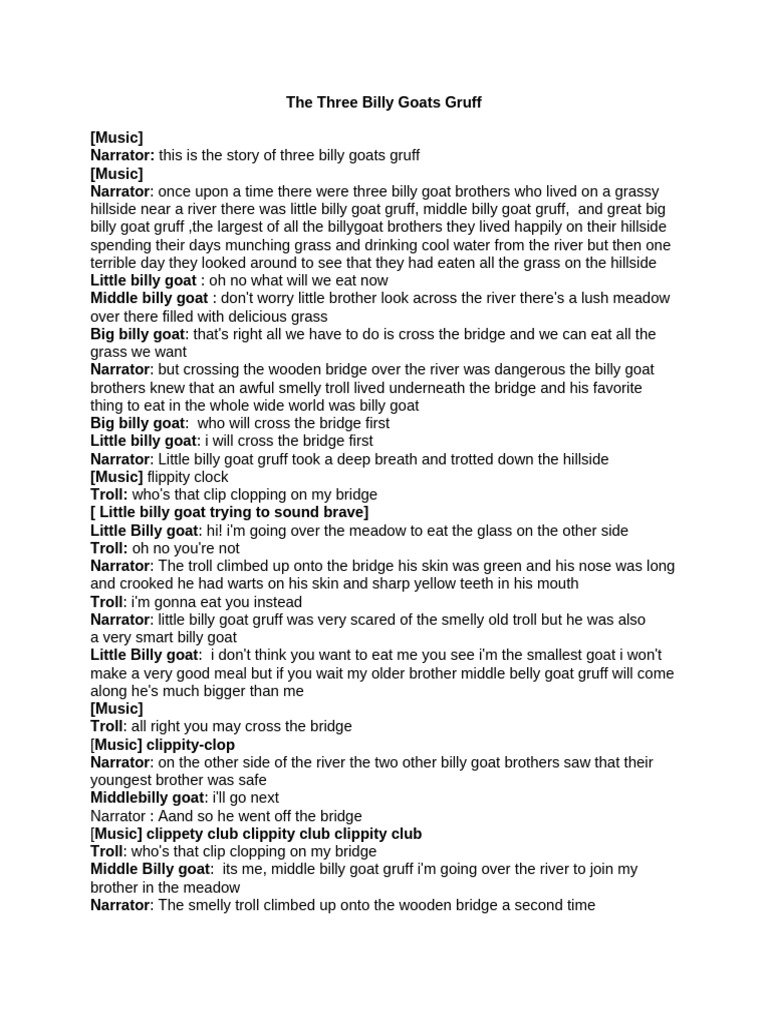 The Three Billy Goats Gruff SCRIPT | PDF