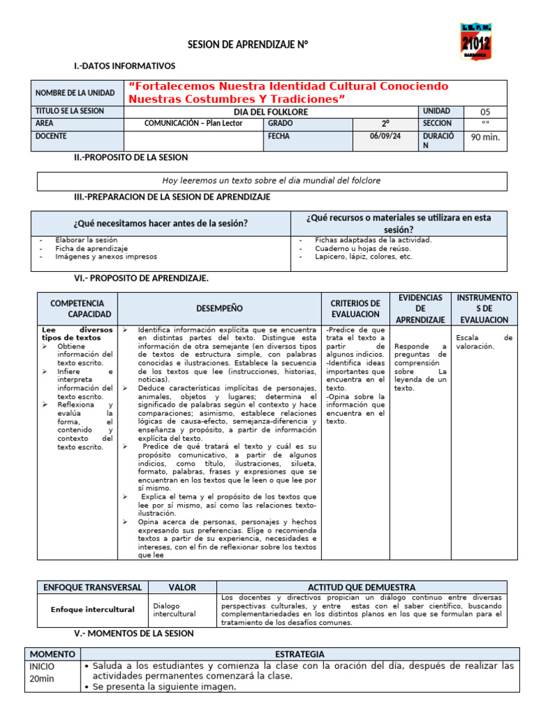 Sesión de Comuni. - Plan Lector Viernes 06-09-24 | PDF Sesión de Comuni. - Plan Lector Viernes 06-09-24 | PDF