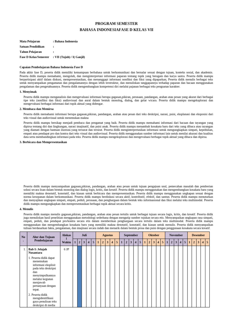 Prosem Fase D7 - Bahasa Indonesia | PDF