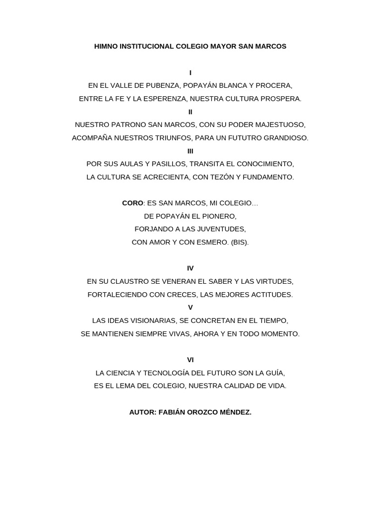 Himno Institucional Colegio Mayor San Marcos Pdf