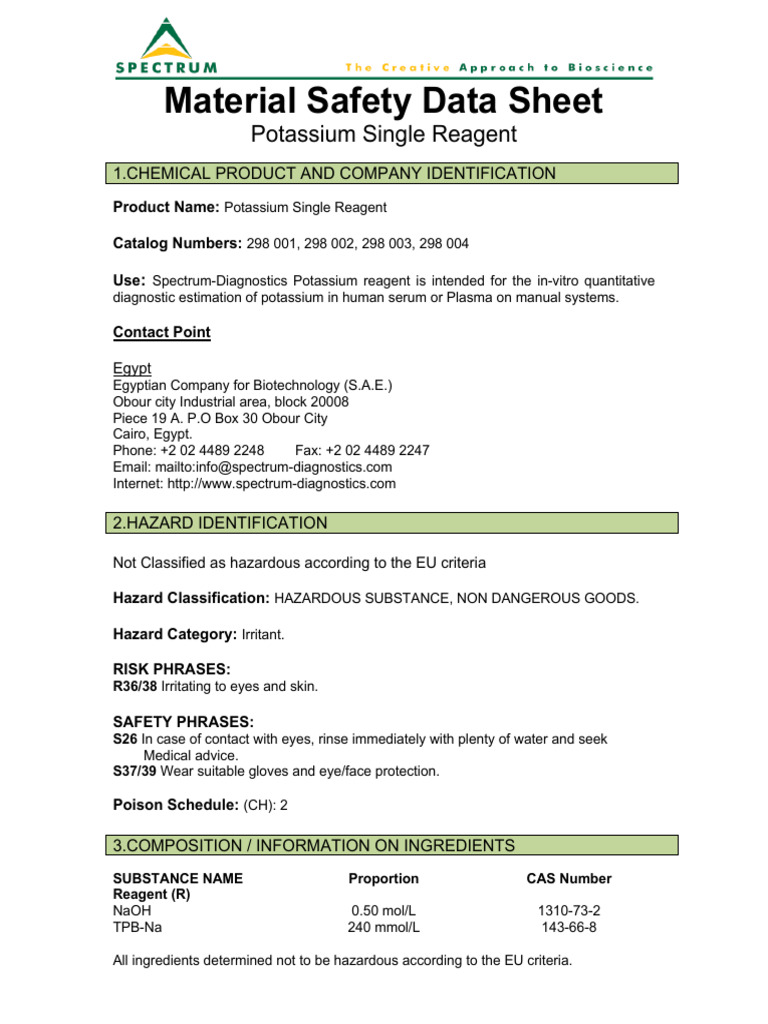 Potassium Single Reagent MSDS | PDF