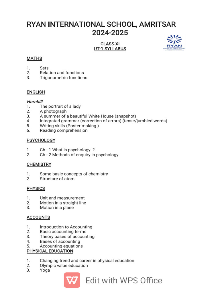 Class XI (UT 1 Syllabus 2024 2025) | PDF