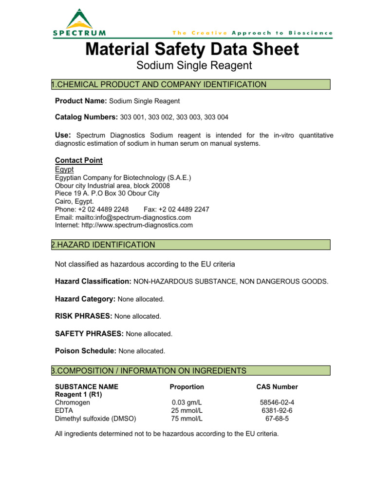 Sodium Single Reagent MSDS | PDF