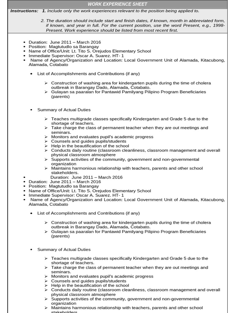 Cs Form No 212 Work Experience Sheet Pdf