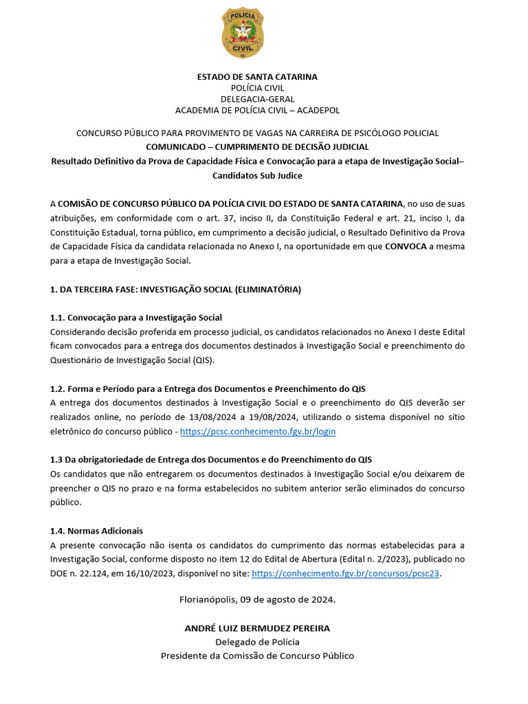 Comunicado Cumprimento de Decisao Judicial Psicologo Sub Judice Ana ...