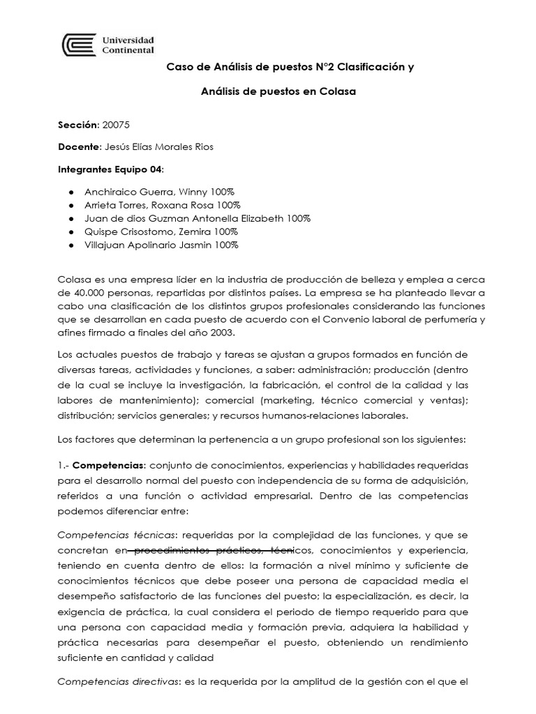 CASO 2 Clasificación y Análisis de Puestos en Colasa (2) RESUELTO | PDF | Planificación ...