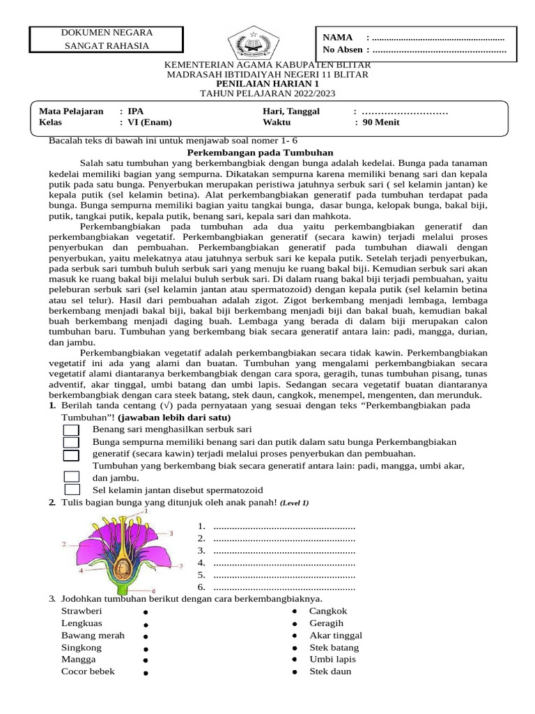 Soal PH - IPA - Tema 1 - Kelas 6C | PDF