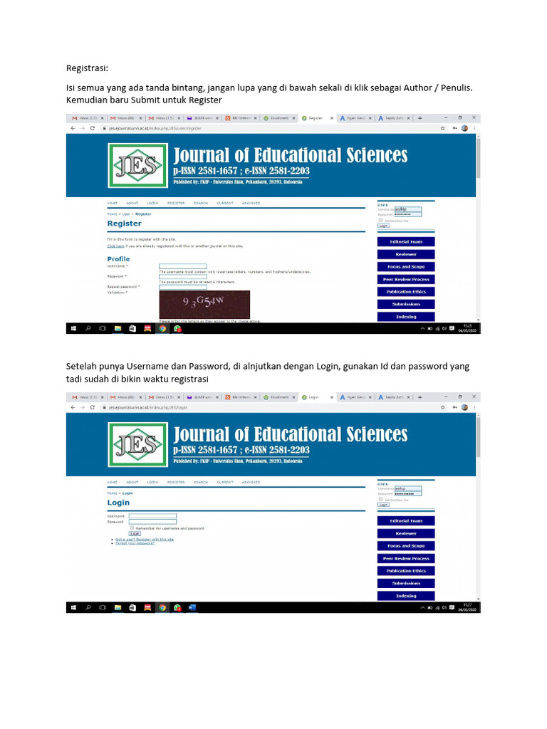 Cara Registrasi Dan Upload Artikel Pada JES | PDF