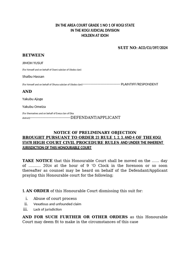 Precedent Notice of Preliminary Objection Sample 1 | PDF