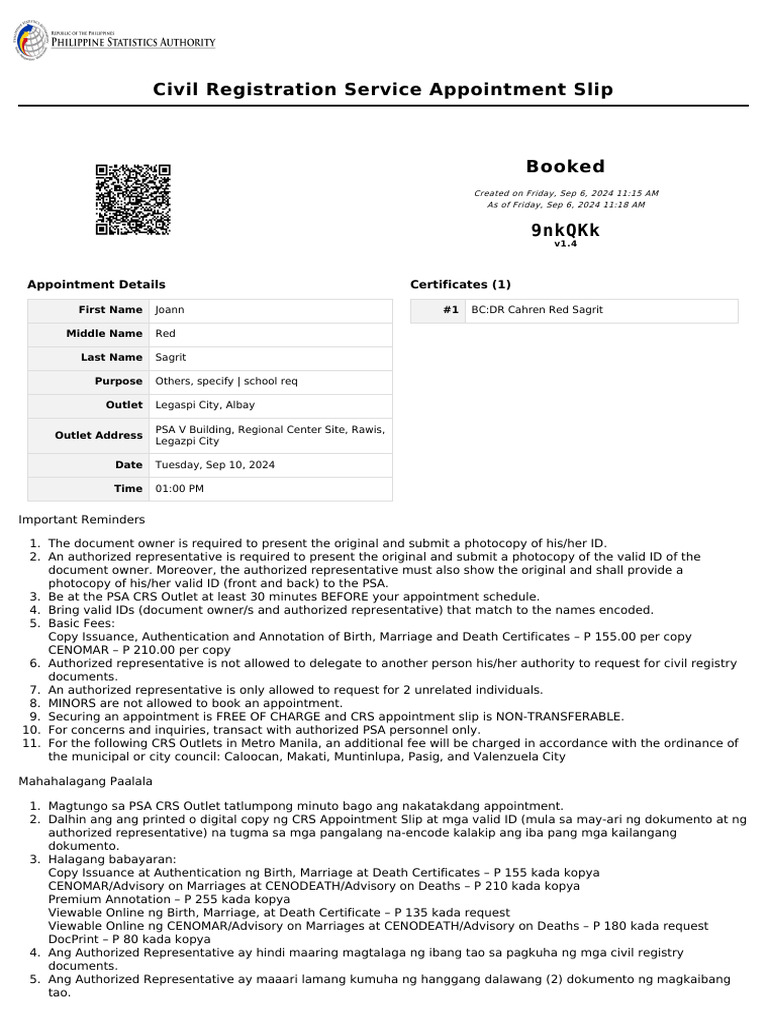 Civil Registration Service Appointment Slip: 9Nkqkk | PDF