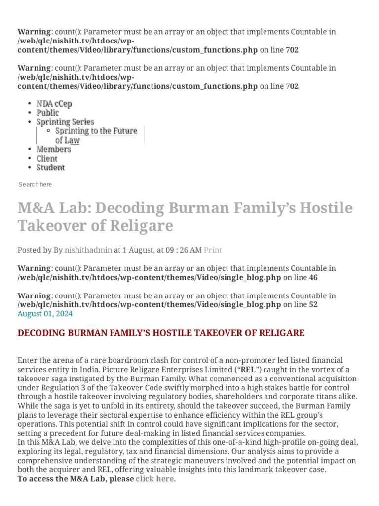 M&A Lab - Decoding Burman Family's Hostile Takeover of Religare | PDF