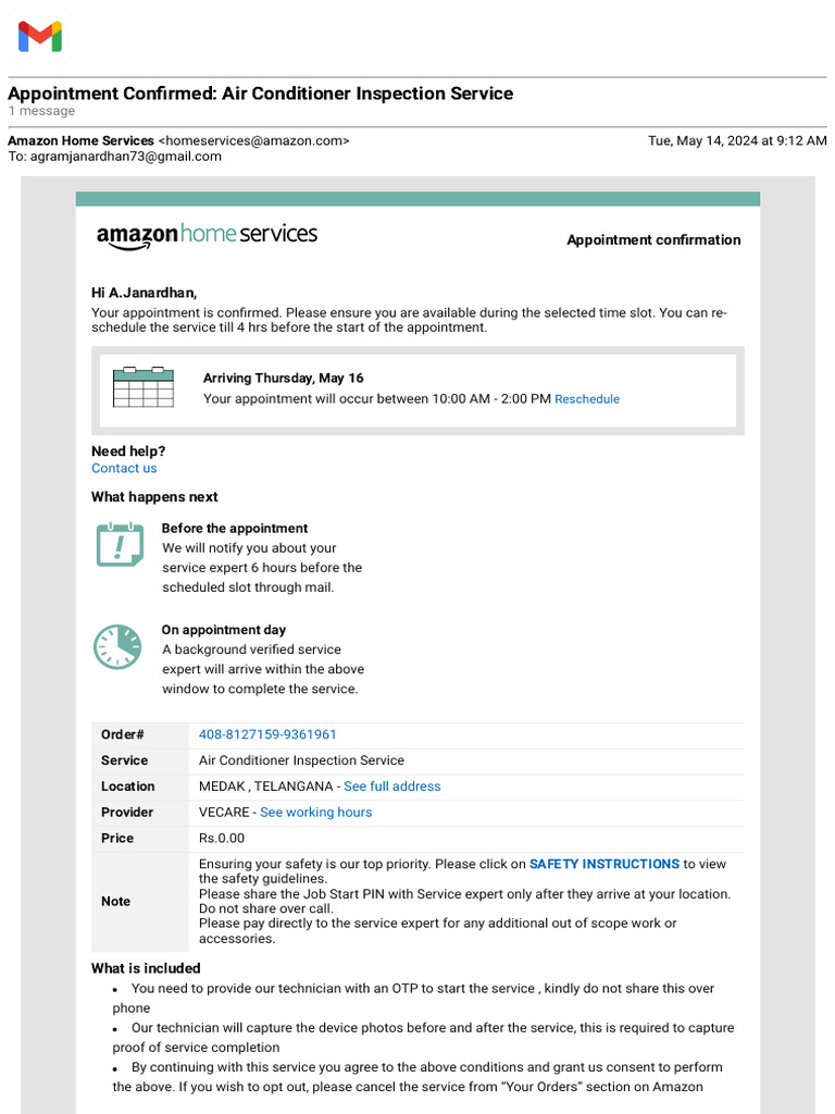 Gmail - Appointment Confirmed - Air Conditioner Inspection Service | PDF