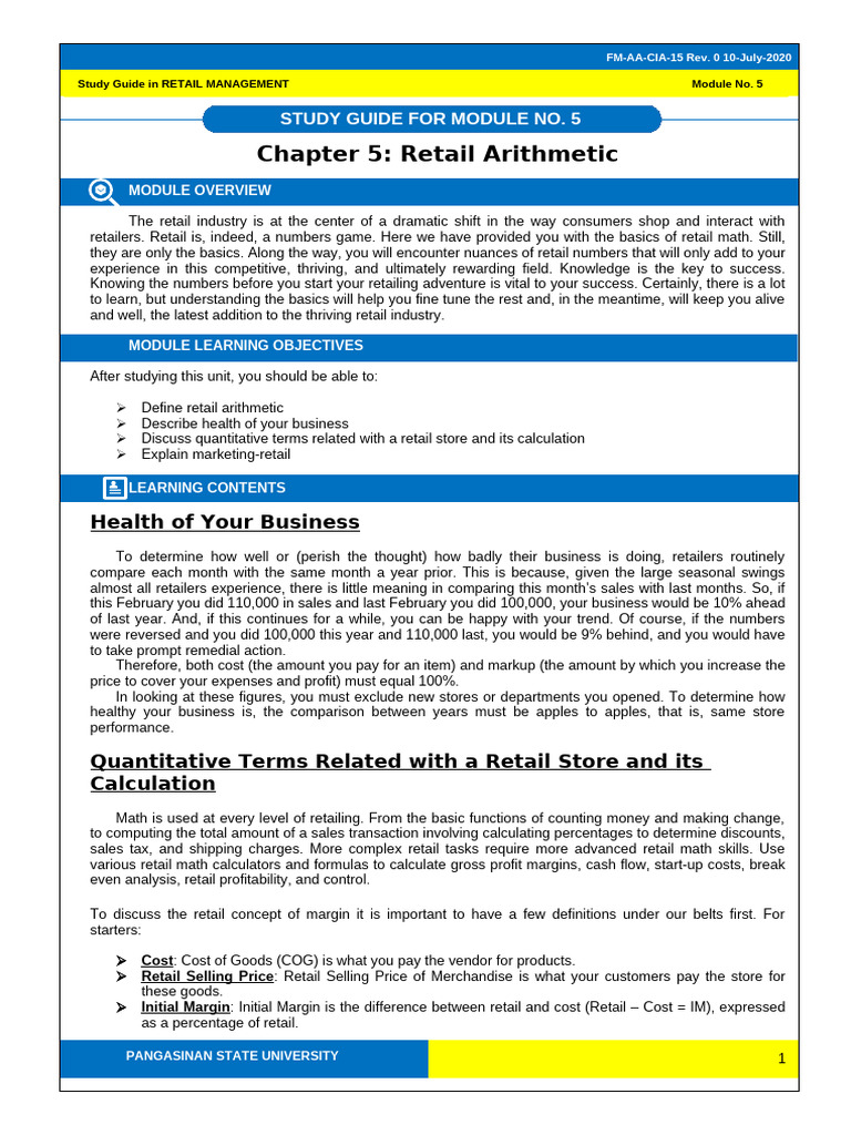 Study Guide Module 5 Retail Arithmetic | PDF | Inventory | Business