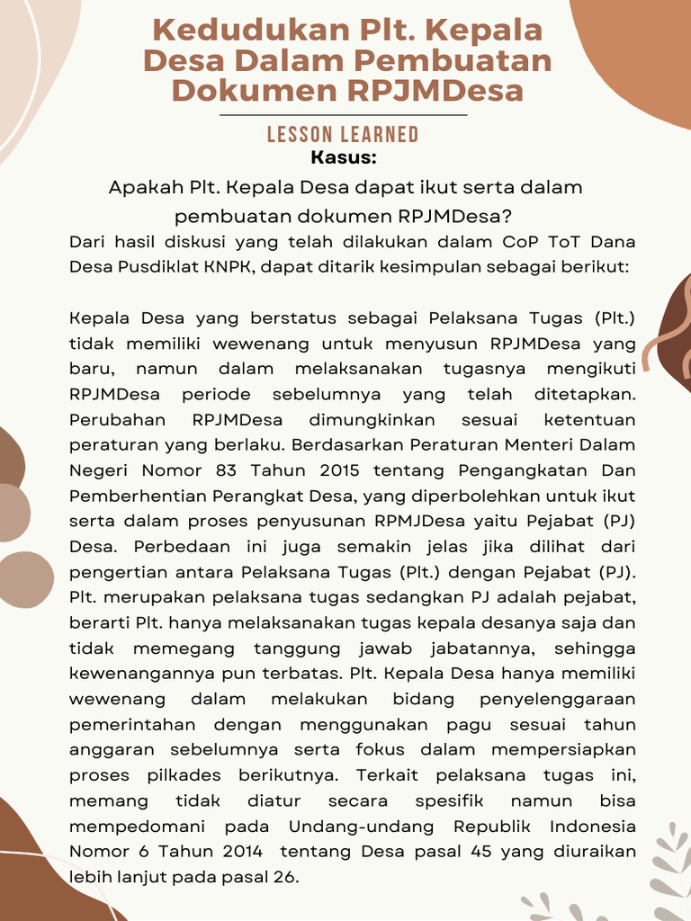 Kedudukan Plt. Kepala Desa dalam pembuatan dokumen RPJMDesa (1) | PDF