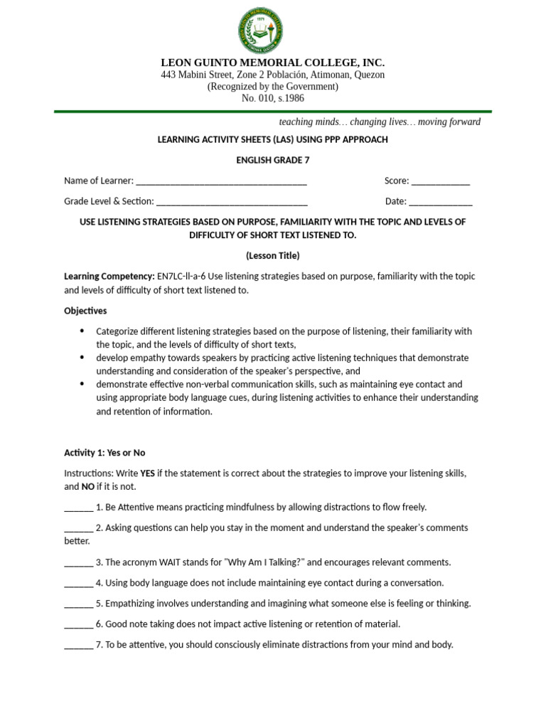 2 (EN7LC-Ll-A-6 Use Listening Strategies Based On Purpose, Familiarity ...
