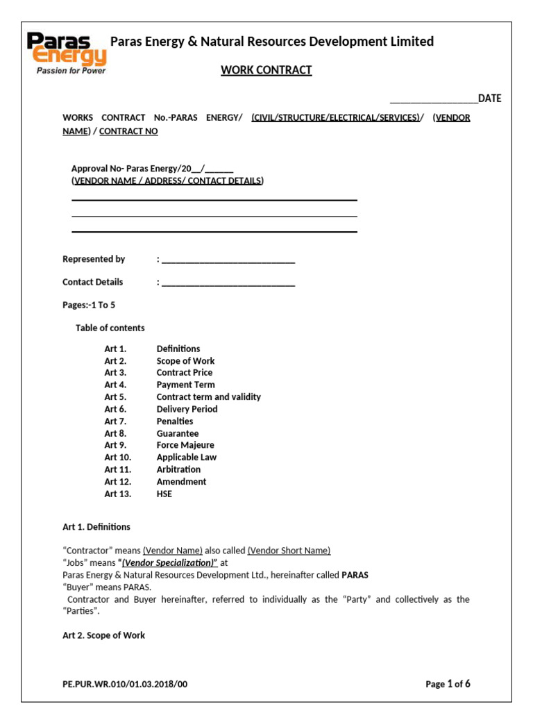 Work Contract Format | PDF