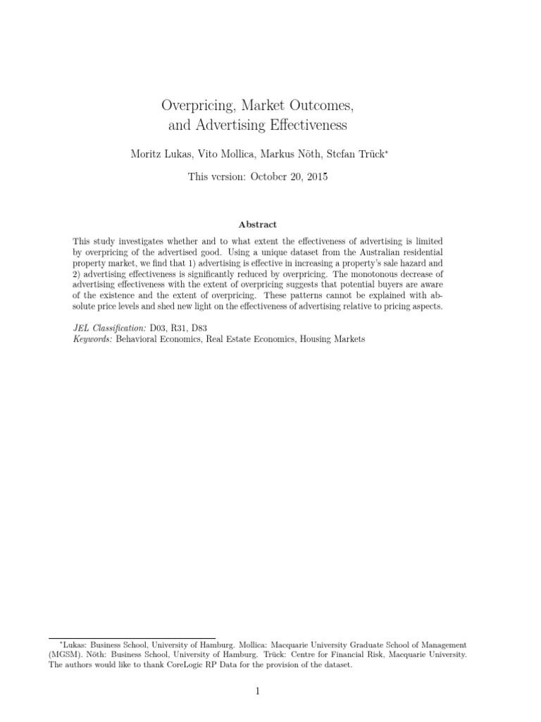Overpricing, Market Outcomes, and Advertising E Ectiveness | PDF