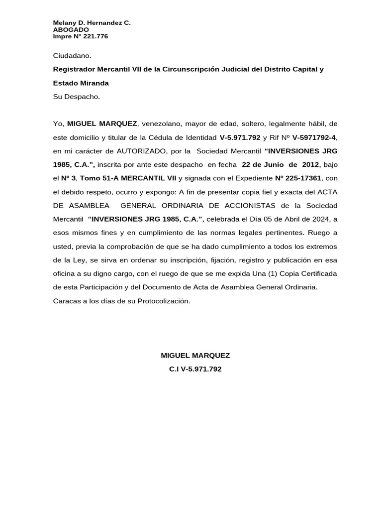 Acta Asamblea Inversiones JRG 1985 Aumento Capital 05 | PDF
