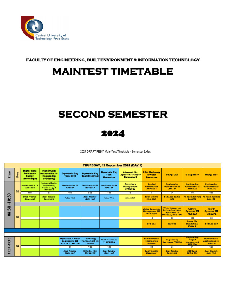 2024 DRAFT FEBIT Main-Test Timetable - Semester 2 | PDF