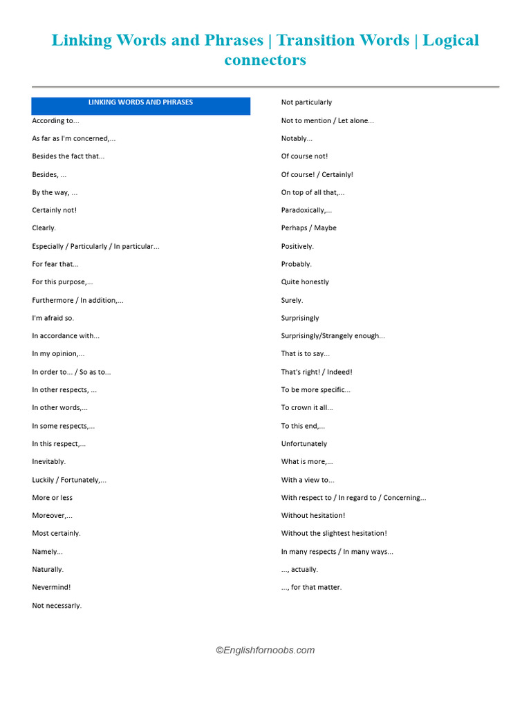 Linking Words and Phrases Transition Words Logical Connectors - 102444 ...