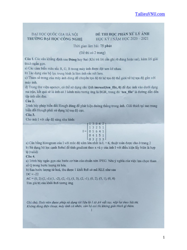 Đề thi Xử lý ảnh kỳ 1 năm học 2020-2021 - UET | PDF