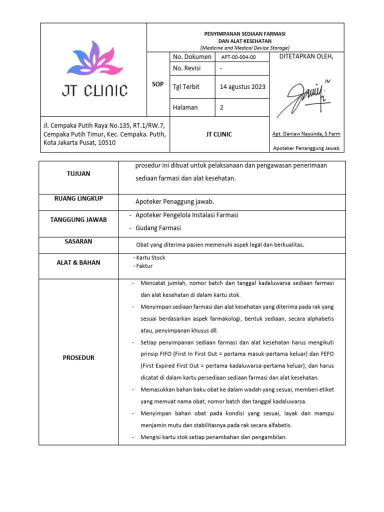 Apt 00 004 00 Sop Penyimpanan Sediaan Farmasi Dan Alat Kesehatan Pdf