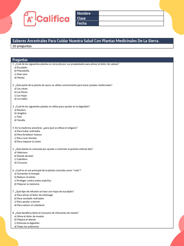 Examen de Opcion Multiple - Saberes Ancestrales para Cuidar Nuestra ...